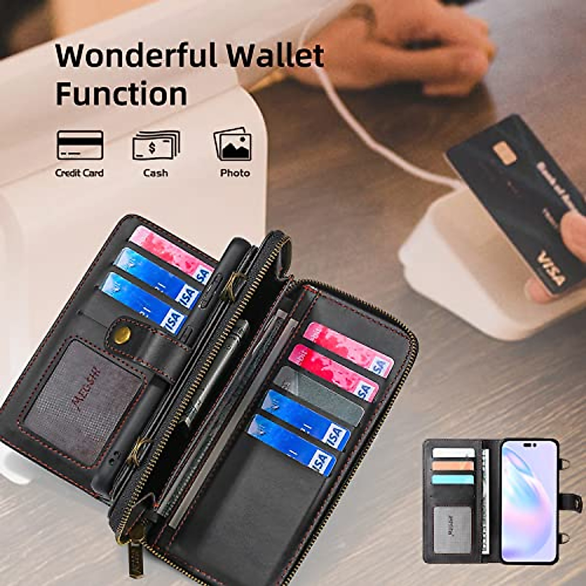 Misscase Compatible with iPhone 12 Pro Max Wallet Case,Multi-Function Wallet Case,2 in 1 Detachable Magnetic Wallet Case with Card Holder,PU Leather Kickstand Flip Cover with Lanyard Black