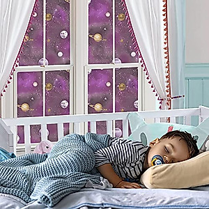 Viseeko Window Privacy Film: Frosted Window Clings Space Planet Pattern Window Decals Static Cling Window Sticker Non-Adhesive for Kids Room Home Office(Purple, 17.5x78.7Inches)