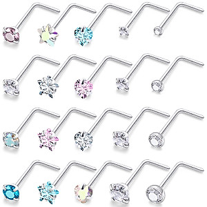Ftovosyo 20G L Shaped Nose Studs Surgical Steel Nose Rings Studs 1.5mm 2mm 2.5mm 3mm CZ Nose Rings for Women Nose Nostrial Piercing Jewerly