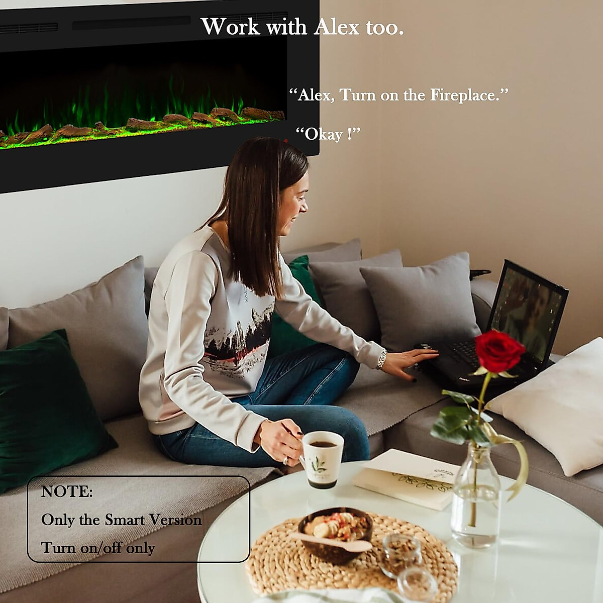 Masarflame 36" Recessed Electric Fireplace Insert, 5 Flame Settings, Log Set or Crystal Options, Temperature Control by Touch Panel & Remote, 750/ 1500W Heater