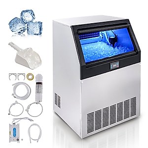 Commercial Ice Maker, 265lbs/24H, Ice Maker Machine, 126 Ice Cubes in 12-15 Minutes, Freestanding Cabinet Ice Maker with 88lbs Storage Capacity LED Digital Display (Electric Drainage, 265lbs/day)