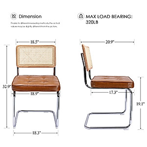 Zesthouse Natural Rattan Dining Chairs Set of 2, Modern Dining Room Chairs with Solid Wood Back for Kitchen Living Room, Mid Century Breuer Design Inspired, Upholstered Faux Leather Brown