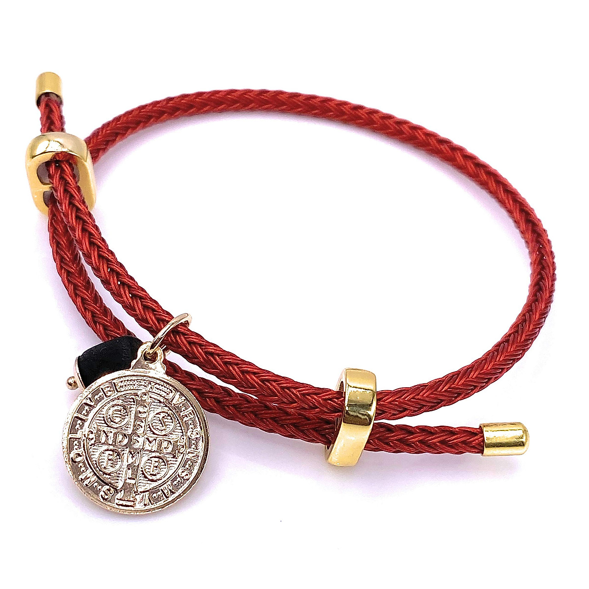 LESLIE BOULES 18K Gold Plated Saint Benedict Medal Red String Bracelet Charm Genuine Jetstone