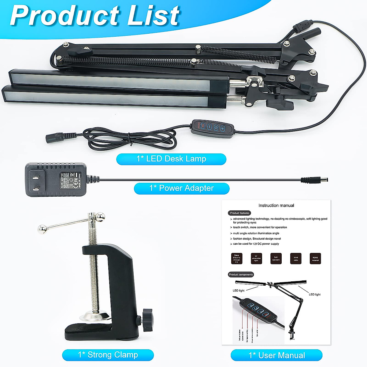 Double Head LED Desk Lamp, Swing Arm Desk Light with Clamp & Adapter, Architect LED Desk Lamps, Eye-Caring Table Lamp with 3 Color Modes & 10 Brightness Levels, Adjustable Desk Lamp for Home or Office