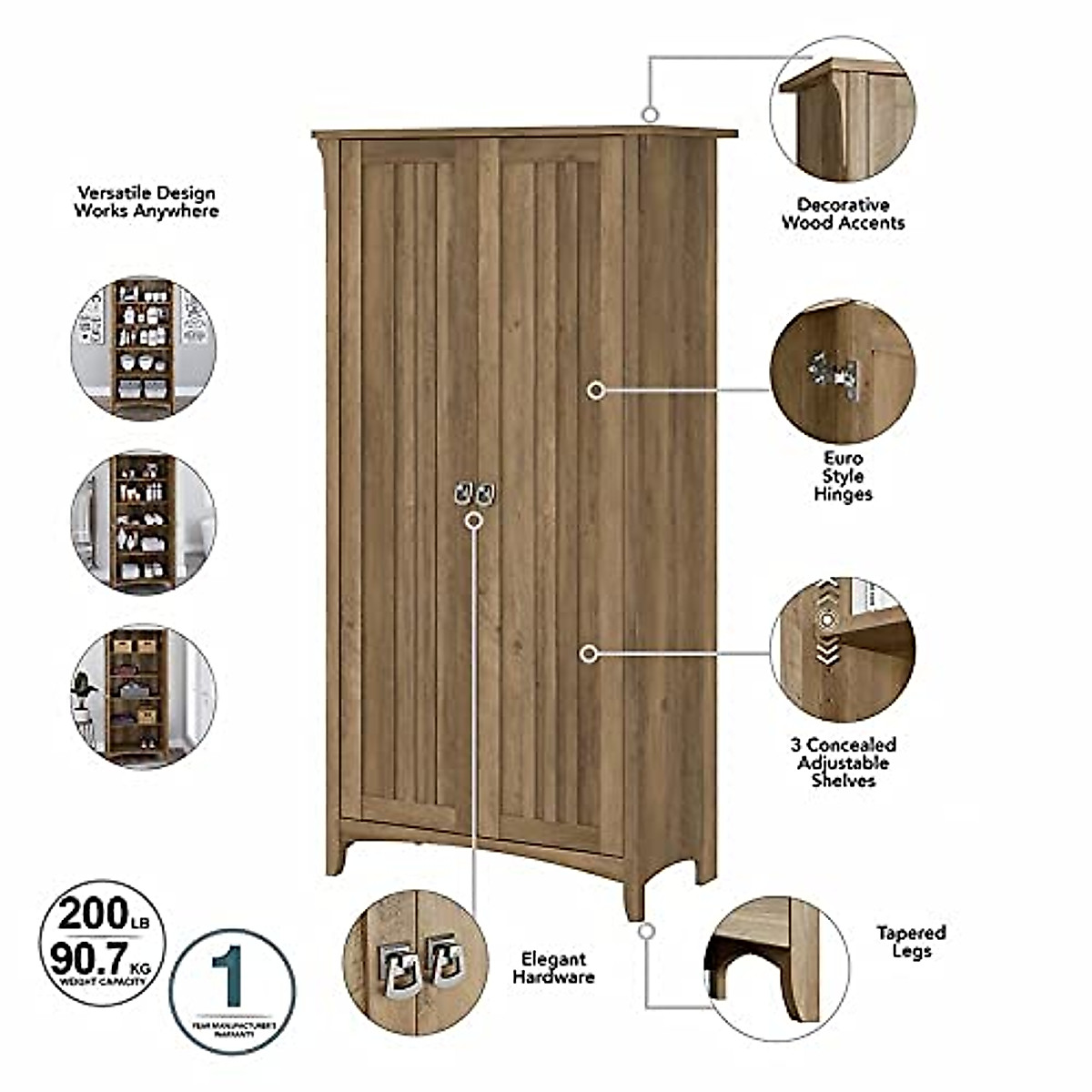 Bush Furniture Salinas Kitchen Pantry Cabinet with Doors, Reclaimed Pine