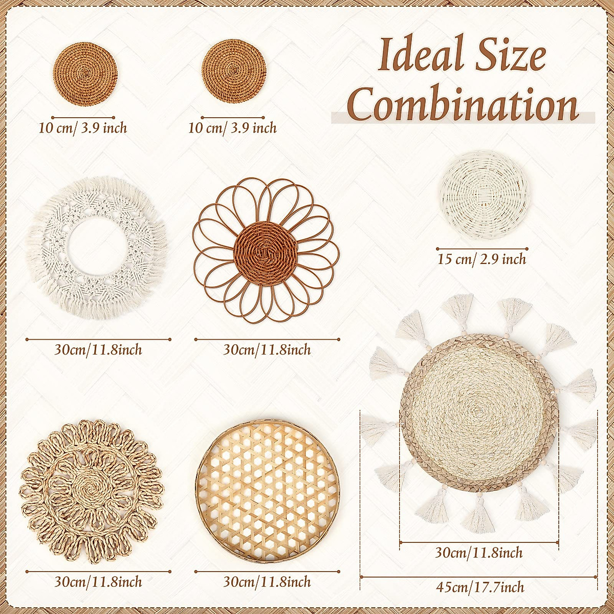 Set of 8 Boho Wall Basket Decor Flat Woven Basket Wall Decor Set Rattan Wall Decor Round Bamboo Hanging Wall Basket Macrame Tassels Wall Tapestry Boho Basket Wall Art for Bedroom Living Room Nursery