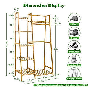 COOGOU Wood Clothes Rack Garment Racks for Hanging Bamboo Clothing Rack with Shelves Corner Narrow Hanging Clothes Racks for Kids Childs Clothes Organizer Small Space,Free Standing (Ladder Design)