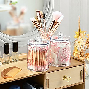 WELLDAY Apothecary Jars Bathroom Storage Organizer with Lid - 14 oz Qtip Holder Storage Canister, Pink Rose Flower Clear Plastic Jar for Cotton Swab, Cotton Ball, Floss Picks, Makeup Sponges,Hair Clip