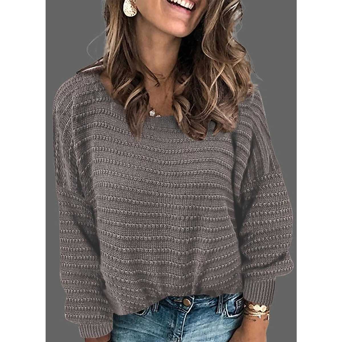 Dokotoo Womens Long Sleeve Tops Winter Fall Fashion 2024 Crewneck Drop Shoulder Ribbed Knit Textured Sweaters Solid Pullovers Jumper Gray Large