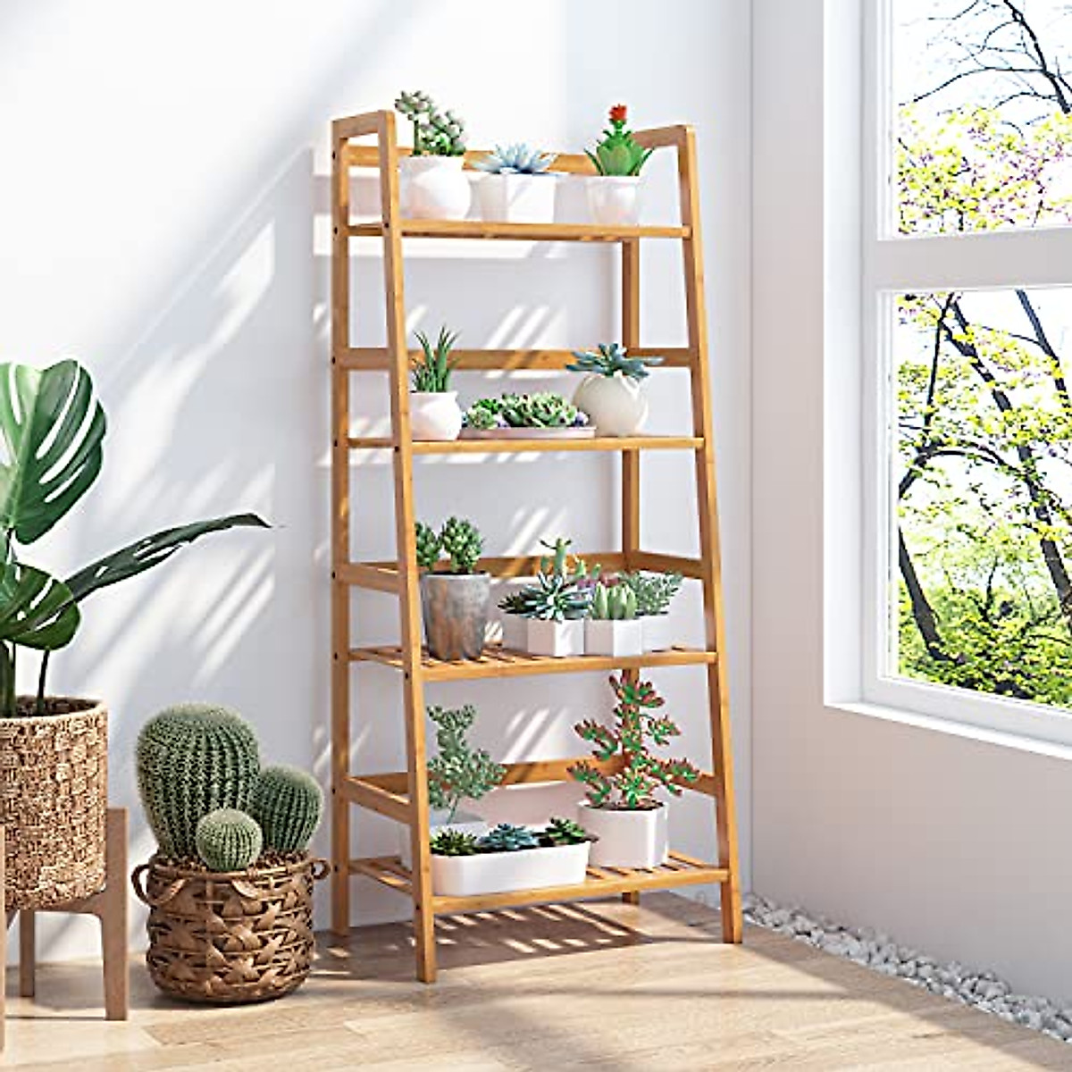 SHUANGZ Bamboo Bookcase 4-Tier, Multifunctional Bathroom Ladder Shelf Plant Flower Stand Rack Display Storage Organizer Shelves, Natural ZZSC
