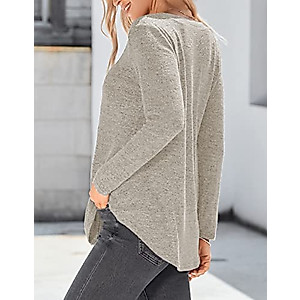 iGENJUN Long Sleeve V Neck Tunic Sweatshirts for Women T Shirts Solid Classic Loose Fit Tops 2023 Fall Fashion Trendy Outfits,Khaki,XL