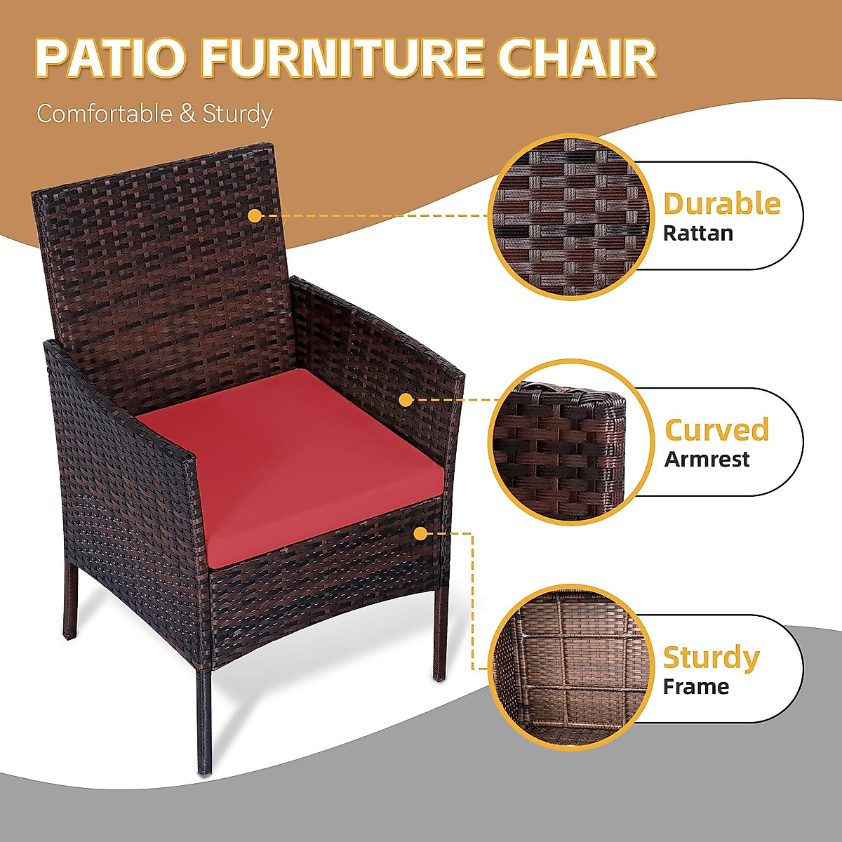 PAIQIAN Patio Porch Furniture Sets 3 Pieces PE Rattan Wicker Chairs with Table Tempered Glass Outdoor Garden Furniture Sets for Balcony Garden Porch Backyard(Brown/Red)