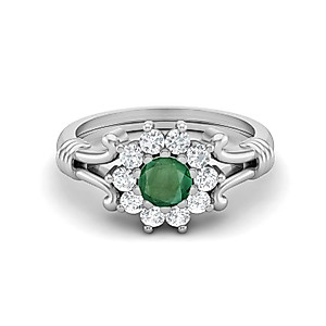 MOONEYE 14K White Gold Plated 925 Sterling Silver 4.5MM Round Shape Emerald Gemstone Cluster Engagement Ring (Silver, 5)