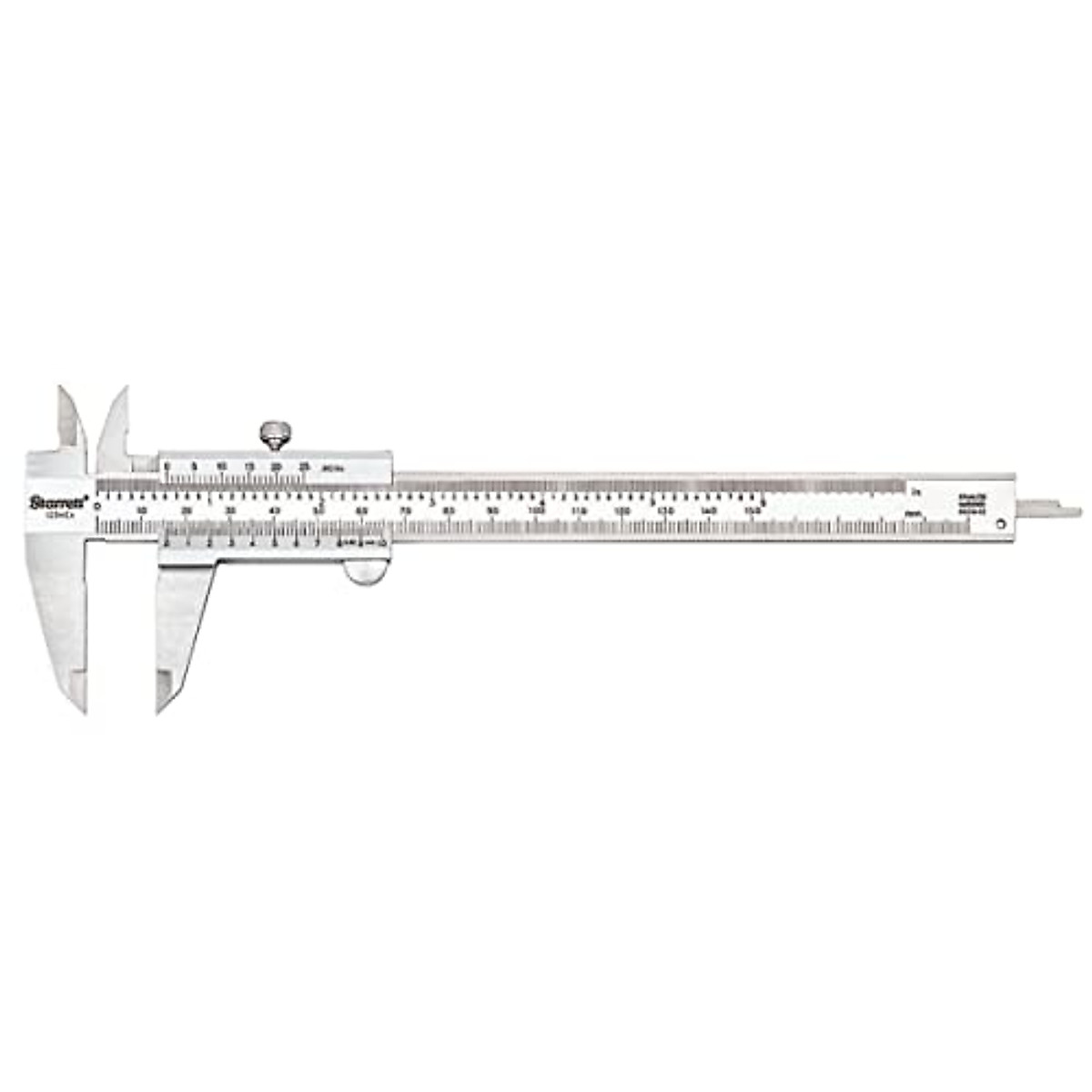 Starrett Vernier Caliper with Hardened Stainless Steel Depth Rod, Lock Screw and Sharp, Black Graduations - Metric, English, 0-6" Range, 001" Graduations - 125MEA-6/150