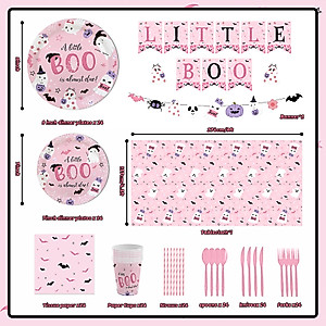 MEHOFOND Pink Halloween Baby Shower Decorations for Girl, Little Boo Disposable Dinnerware with Banner, Ghost Bat Pumpkin Baby Shower Plates and Napkins Set, Paper Plates Cups Party Supplies, Serve 24