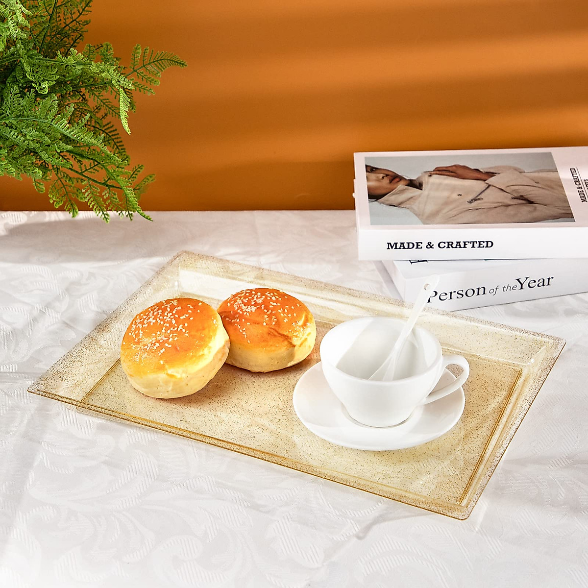 I00000 6 Pack Gold Glitter Plastic Serving Tray, 15" x 10" Crooked Food Trays, Clear Disposable Serving Platter for Parties, Weddings