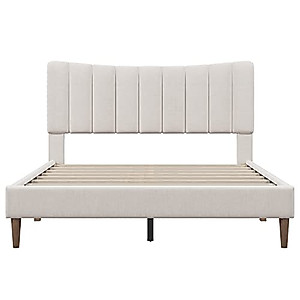Merax Modern Upholstered Plattform Bed with High Wingback Wood Bed Frame No Box Spring Needed Queen Cream