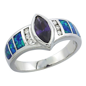 Sterling Silver Marquise Amethyst CZ Synthetic Opal Ring for Women 1/4 inch size 6