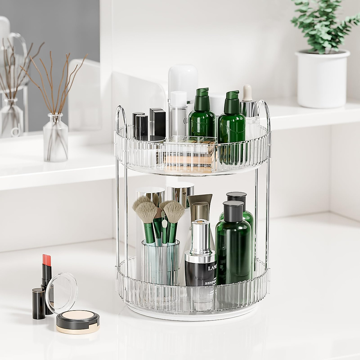 VITVITI Rotating Makeup Organizer Countertop for Vanity, 2-Tier Large Skincare Perfume Organizer for Dresser, Clear Bathroom Cosmetic Display Cases for Skin Care/Lotion/Lipstick, Plastic