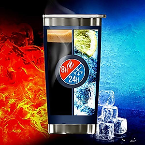 BluePeak Double Wall Stainless Steel Insulated Tumbler Set, 2-Pack, Includes Sipping Lids, Spill-Proof Sliding Lids, Straws, Cleaning Brush & Gift Box (20oz, Navy)