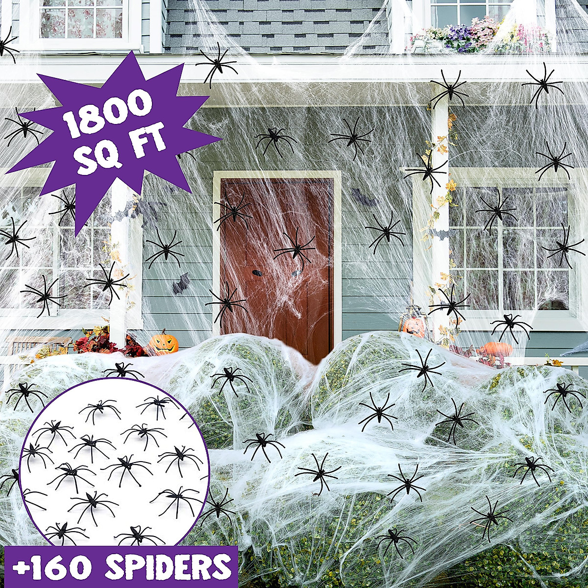 JOYIN 1800 sqft Spider Web Halloween Decorations with Extra 160 Spiders, Super Stretchy Cobwebs Halloween Theme Party Prop, Indoor Outdoor Halloween Haunted House Party Supplies