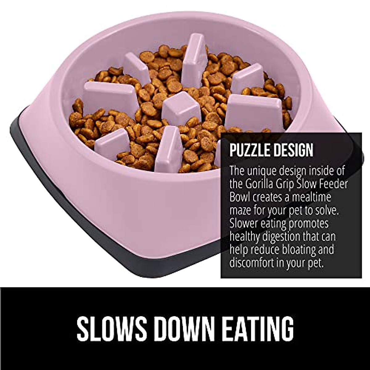 Gorilla Grip Slip Resistant Slow Feeder Cat and Dog Bowl, Slows Down Pets Eating, Prevent Overeating, Feed Small, Large Puppy, Fun Puzzle Design, Dogs Pet Bowls for Dry and Wet Food, 2 Cups, Pink