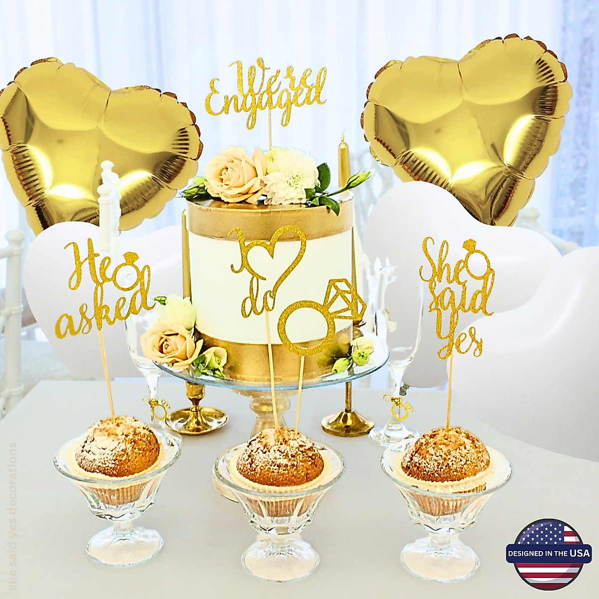 248 Pc Engagement Party Decorations , Gold and White Bridal Decorations , He Asked She Said Yes Banner , Engaged Letter Balloons , Future Mrs and Mr Balloons & Sashes , Ring Balloon , Boxes & more