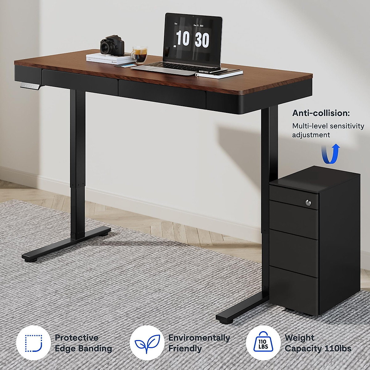 FLEXISPOT E1FR Height Adjustable Standing Desk 55 Inches 2 Tier Electric Sit Stand Up Home Office Desk with Memory Controller Pegboard Ergonomic Workstation (White Frame + 55" Maple Top)