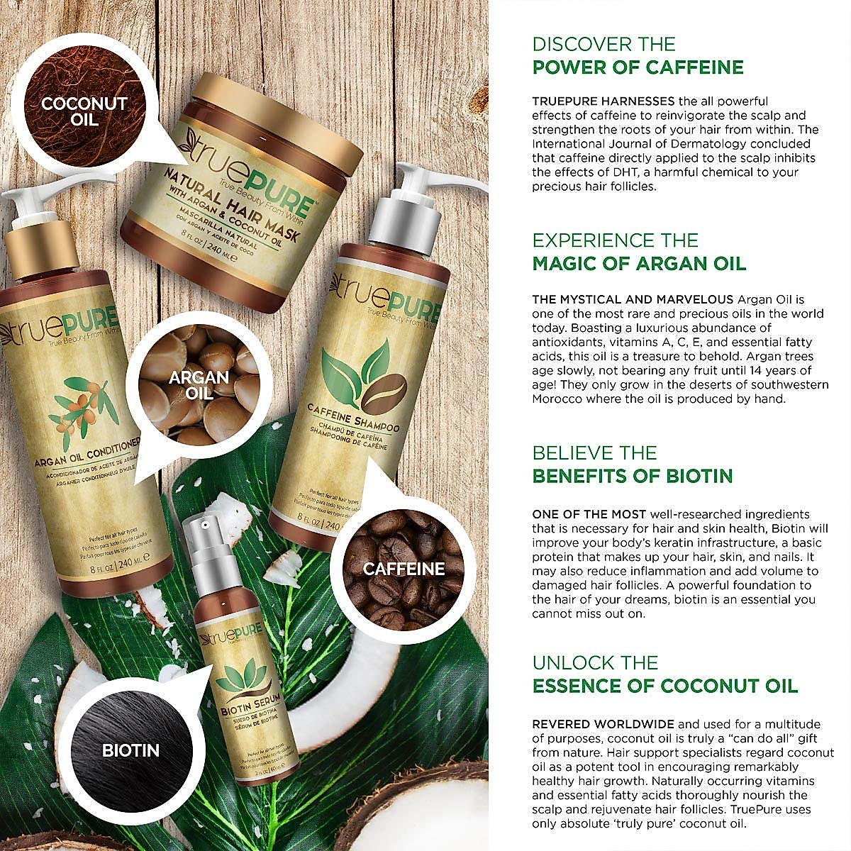 TruePure Hair Bundle - Caffeine Shampoo 8oz + Argan Oil Conditioner 8oz + Biotin Hair Growth Serum 2oz