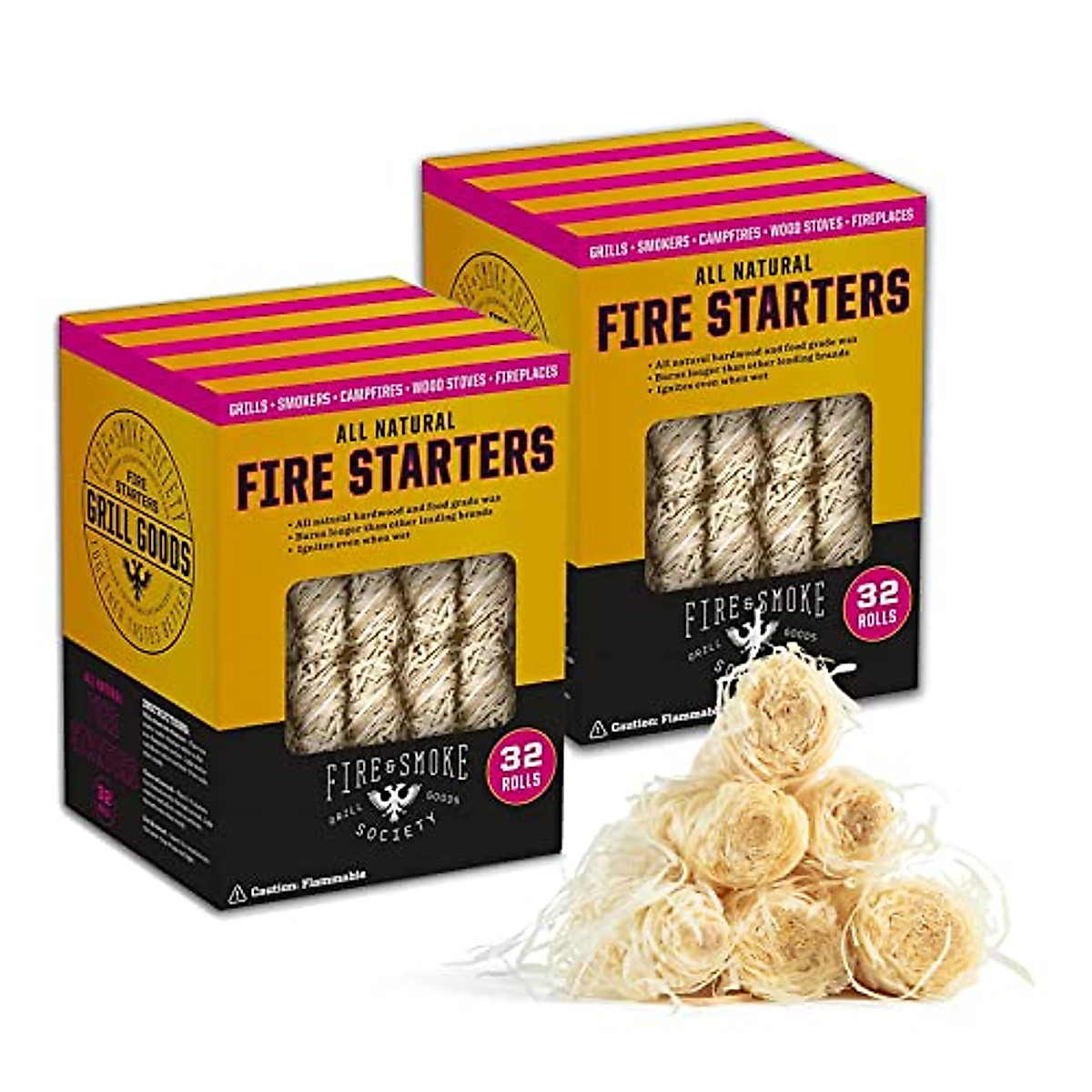 PK Grills Fire & Smoke Society Natural Starters for Grill Wood Burn Stove Fireplace Camping BBQ Outdoor Camp Pit Charcoal Chimney Pizza Oven Firestarters 2-Pack, 64 Count, PKUA-FSFS2 Multicolor
