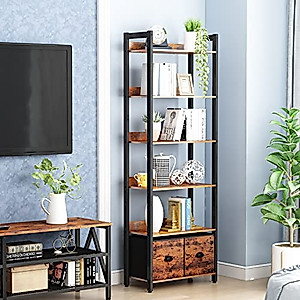 Furologee Tall 6-Tier Bookshelves, Rustic Bookcase with 2 Drawers, Nightstand with 2 Drawers, End Table with Storage Shelf for Bedroom, Living Room, Rustic Brown