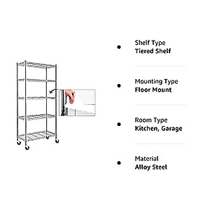 Catalina Creations EFINE Chrome 5-Shelf Shelving Unit on 3'' Wheels with Shelf Liners Set of 5, NSF Certified, Adjustable Heavy Duty Steel Wire Shelving Rack (30W x 14D x 63.7H) Pole Diameter 1 Inch