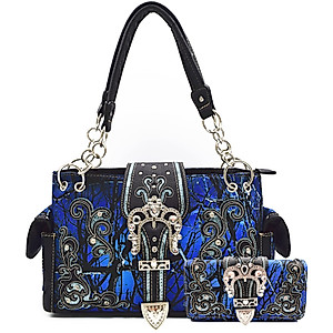 Camouflage Crown Buckle Western Style Purse Floral Shine Glow Country Handbag Women Shoulder Bag Crossbody Wallet Set (Blue)