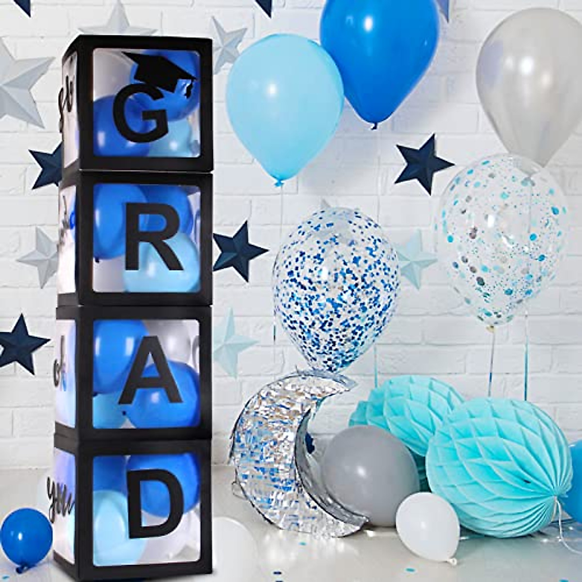 Graduation Party Decorations 2023 Graduate Balloon Boxes, 4Pcs Black Balloon Boxes for Graduation Party with " Grad" " So Proud Of You" Black Letter 4 LED Light Strings 2023 School Grad Party Supplies