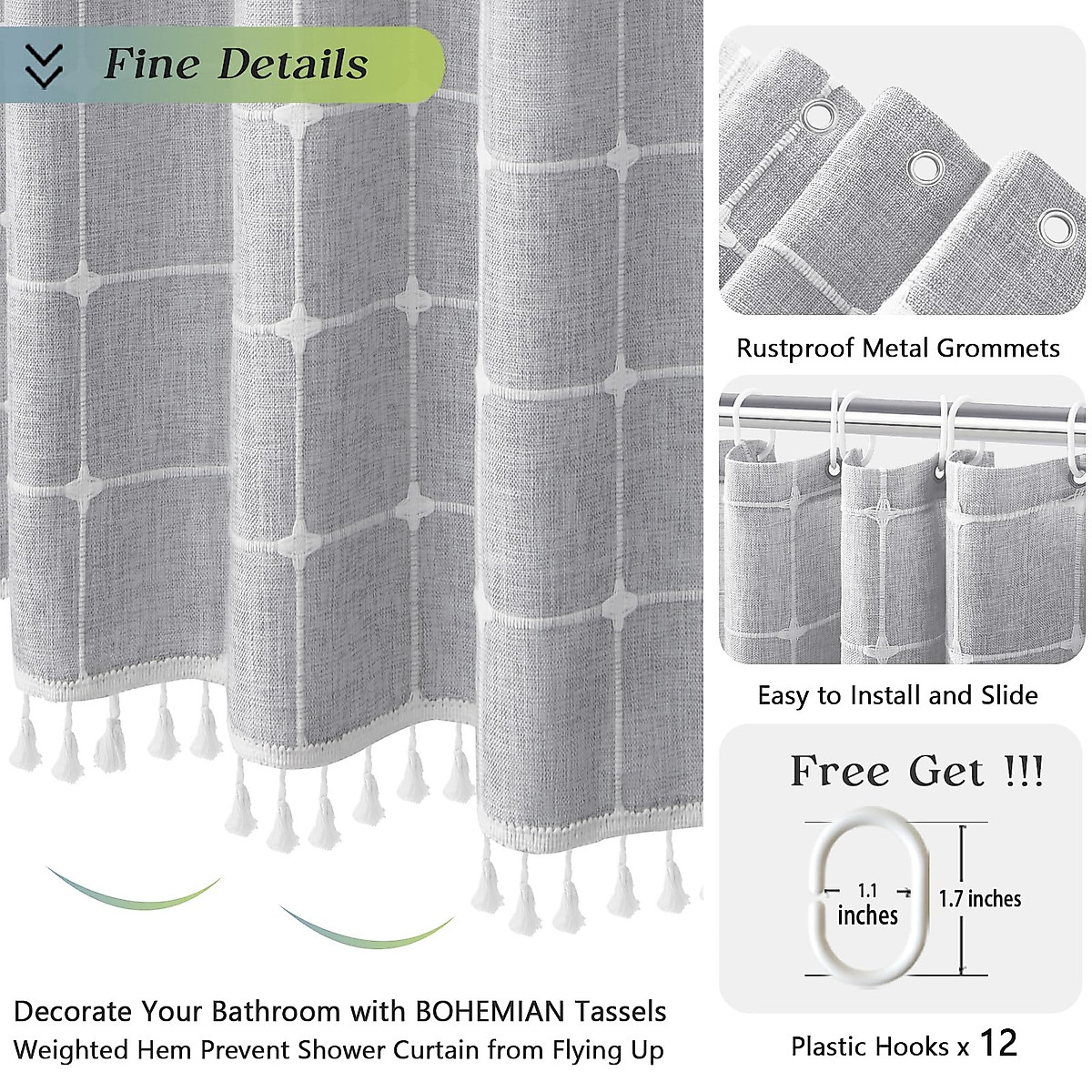 Boho Long Shower Curtain, 72x78 Inches Long Linen Thick Fabric Shower Curtain with Tassels,Tall Modern Farmhouse Neutral Textured Cloth Shower Curtains for Bathroom, Water Repellent, 72x78, Gray/Grey