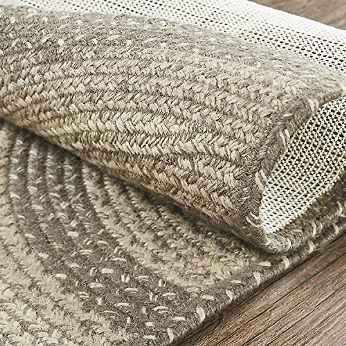 VHC Brands Cobblestone Rug with PVC Pad, Jute Blend, Half Circle, Tan Grey White, 16.5x33 inches