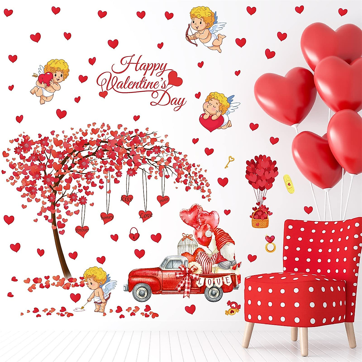 Valentine's Day Wall Decals Decor Pink Heart Tree Wall Stickers Couple Gnome Love Window Sticker Cupid Wall Sticker Valentines Window Decal Peel and Stick for Wedding Anniversary Engagement Decoration