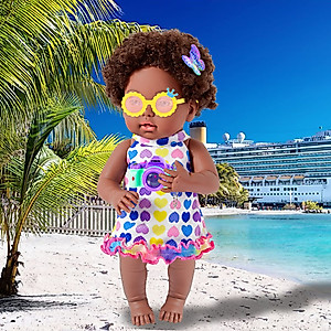 dollbie 14 Inch Reborn Baby Dolls Black African American Baby Doll with Hair Doll & Accessories (1 Doll+2 Sets Clothes+7 Pcs Accessories)