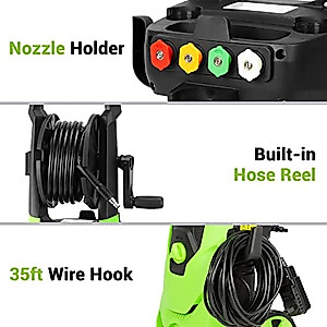 Rock&Rocker Powerful Electric Pressure Washer, 2150PSI Max 2.6 GPM Power Washer with Hose Reel, 4 Quick Connect Nozzles, Soap Tank, IPX5 Car Wash Machine/Car/Driveway/Patio Clean, Green