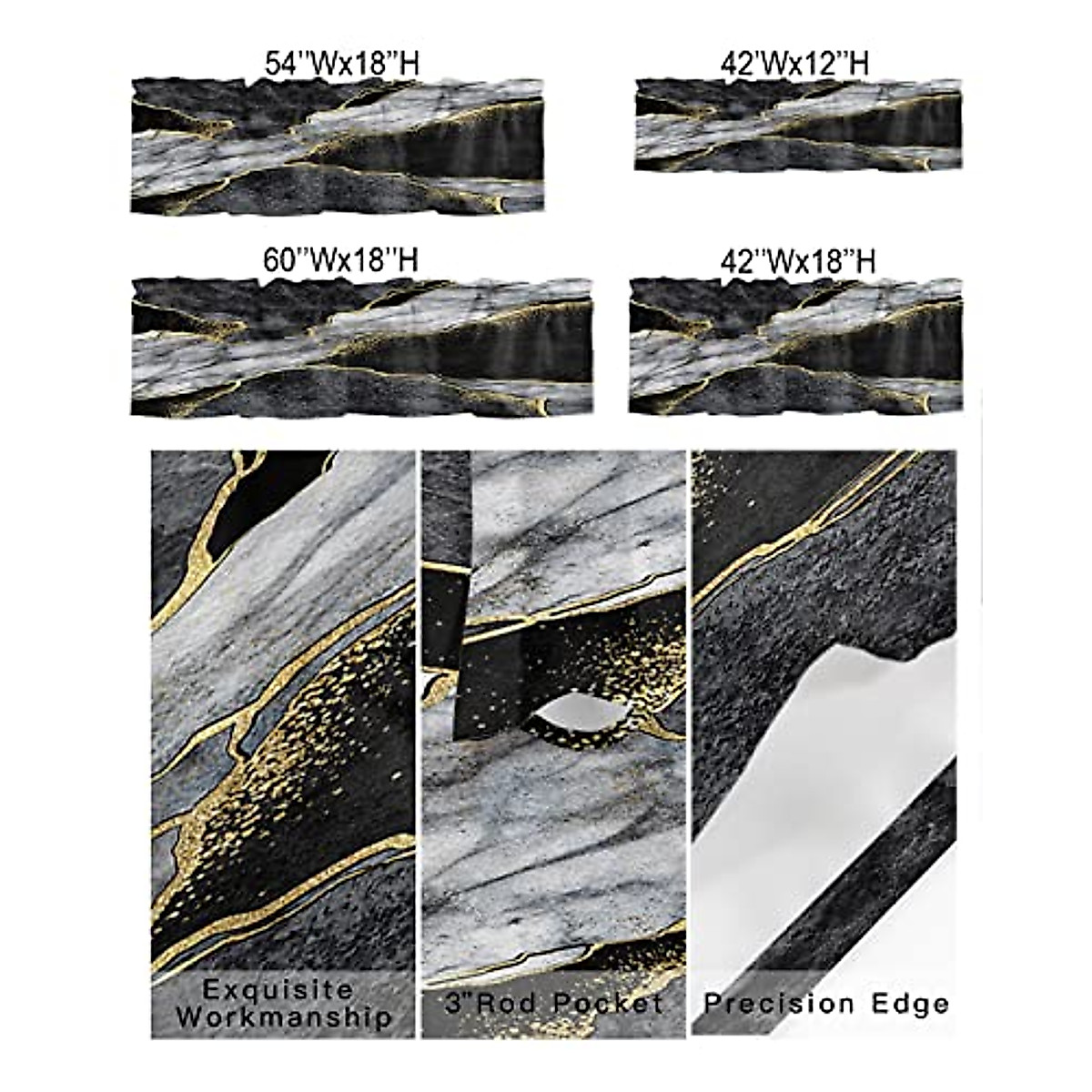 Window Curtain Valances for Kitchen Windows,Black White Marble with Gold Stripe Rod Pocket Short Window Valance Abstract Stone Agate Texture Cafe Treatment Valance for Living Room/Bedroom,42x12in