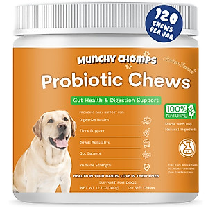 Munchy Chomps Probiotics Chews for Dogs - Gut Health & Digestion Support with PreforPro & Bacillus Subtilis - Promotes Bowel Regularity & Immune Strength (Chicken)