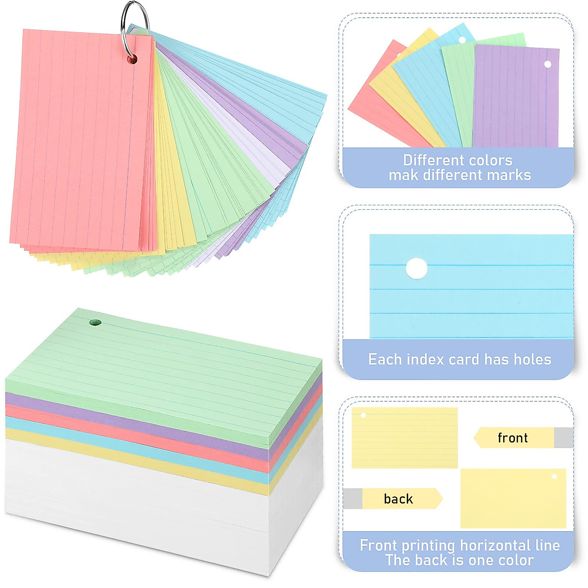 Epakh 300 Pieces Back to School Index Cards 180 GSM Thick Flashcards with Rings Punched Index Flashcards on a Ring Ruled Note Cards for Adults Home(3 x 5 Inch,Light Color)