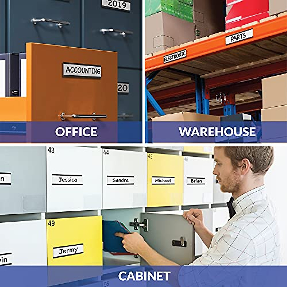 50 Pack"C" Channel Magnetic Label Holders 1x3 with 100 White Card Inserts, 50 Clear Plastic Protectors and Bonus 20 Colorful Cardstock Inserts in Blue, Green, Yellow and Red - Double-Sided Cards