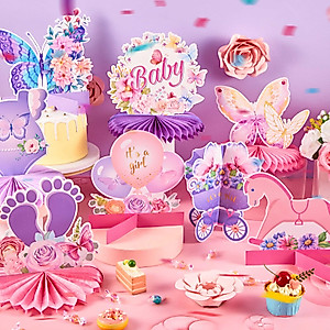 15 Pcs Butterfly Baby Shower Honeycomb Centerpieces It's a Girl Purple and Pink Butterfly Table Decor Floral Butterflies Table Topper Sign for Baby Girl Gender Reveal Birthday Party Decor