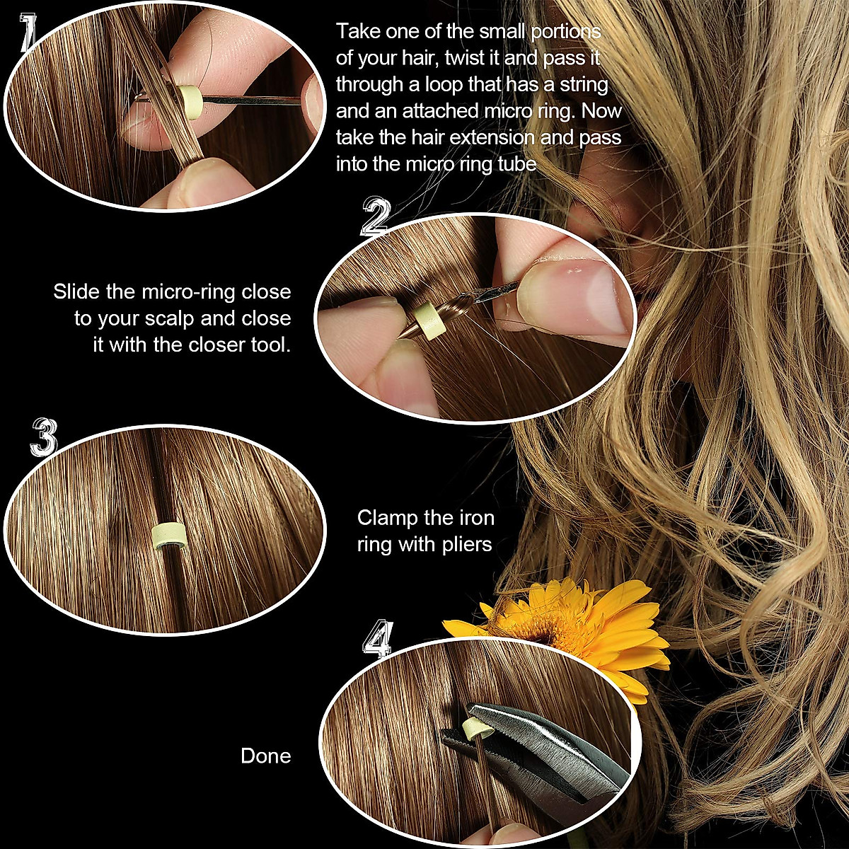 Chuangdi Sew in Hair Extension Tool Kit, 600 Silicone Lined Micro Ring Beads 1 Pliers 2 Hook Needle Pulling Loop 10 Curved Hair Needle 4 Alligator Clips 1 Comb 100 Black Mini Rubber Band