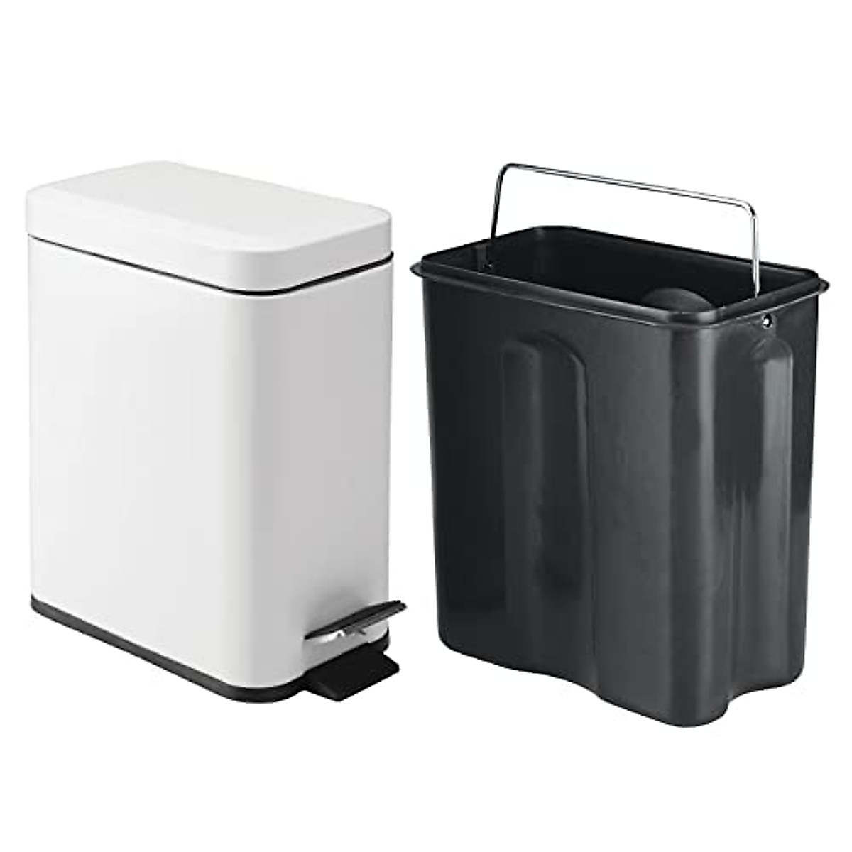 mDesign Small Modern 1.3 Gallon Rectangle Metal Lidded Step Trash Can, Compact Garbage Bin with Removable Liner Bucket and Handle for Bathroom, Kitchen, Craft Room, Office, Garage - White