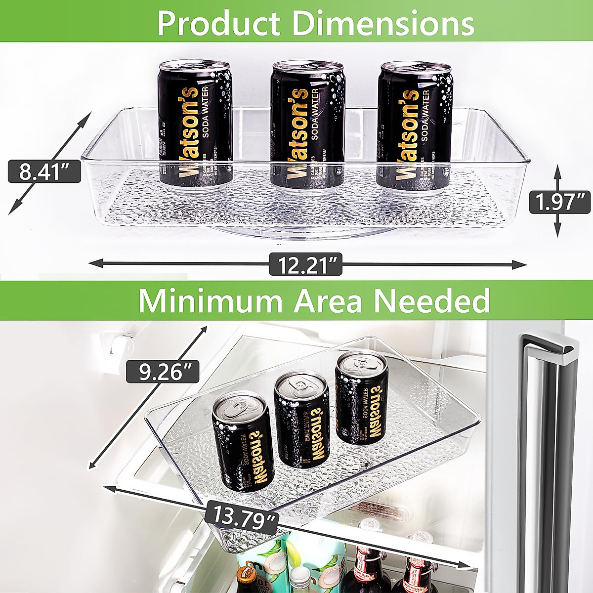 WIFER Lazy Susan Organizer for Refrigerator, Clear Turntable Rectangular Fridge Organizers Storage Rack, Rotating Square Tray for Countertop, Cabinet, Table, Shelf, Pantry, Kitchen - 12.2 inch