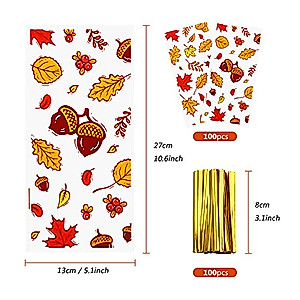 Kesote 100 Pieces Fall Thanksgiving Cellophane Treat Bags, Clear Pumpkin Maple Leaf Goodie Candy Treat Bags Bulk with Twist Ties for Thanksgiving Autumn Fall Party Favor Supplies