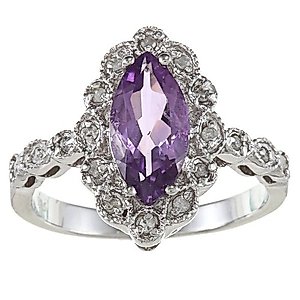 Sterling Silver Vintage Style Marquise Amethyst and Diamond Ring (1/4 TDW)