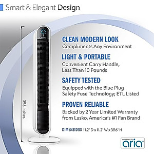 Lasko Smart Oscillating Tower Fan Powered by Aria, Wi-Fi Connected, Voice Controlled, Compatible with Alexa and Google Assistant, Timer, 5-Speeds, 40", White, T40735, Large